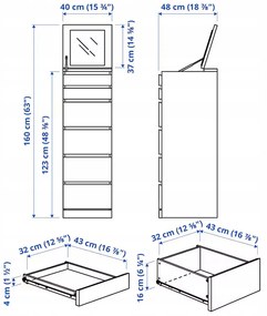 IKEA MALM Komoda, 6 zásuvek 40x123 cm bílá, zrcadlo