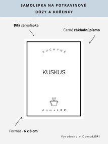 KUSKUS – bílá samolepka na dózu, základní písmo, 6 × 8 cm | DomaLEP