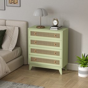 HOMCOM komoda se 4 zásuvkami, úložný prostor s ratanovým vzorem, světle dřevěná optika, 80 x 35 x 95 cm, zelená