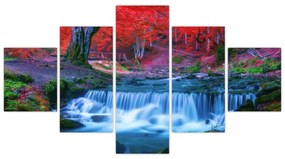 Obraz vodopádu v červeném lese (125x70 cm)