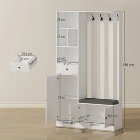 HOMCOM 180 cm skříň na předsíň s věšákem na oblečení, botníkem, 4 háčky, otevřené odkladací plochy, MDF, bílá