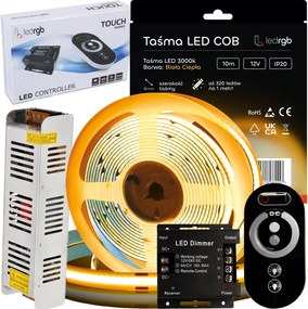 Sada Led pásků Cob 12V 10 m 3000K Bílá Teplá Napájecí Zdroj Dálkový Ovladač Rádiové Ovládání