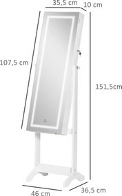 HOMCOM šperkovnice se zrcadlovou skříňkou s LED, stojací zrcadlo se 4 policemi, 46 x 36,5 x 151,5 cm