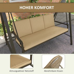 3-Sitzer Hollywoodschaukel, Gartenschaukel, verstellbares Sonnendach, 200 cm x 125 cm x 175 cm, Beige + Braun