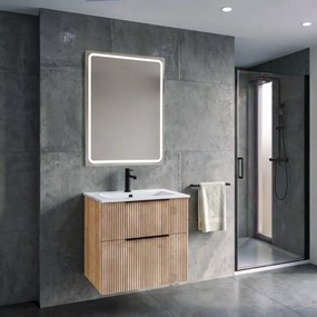 Sapho Cirasa Strip koupelnový set skříňka 60 cm s umyvadlem a LED zrcadlem 2x zásuvka dub alabama hnědá KSET-095