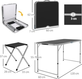 Outsunny 5-dílná kempingová sada skládacího stolu s židlemi, včetně 1 výškově nastavitelného stolu s otvorem na slunečník 120x60x55-70 cm a 4 skládac…
