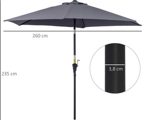 Zahradní slunečník Outsunny z hliníku Ø260x235 cm s naklápěcí konstrukcí, klikou a 6 kovovými tyčemi pro venkovní terasu a balkon - Šedý