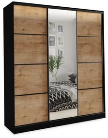 Nejlevnější nábytek Šatní skříň HARAZIA 150 se zrcadlem, 4 šuplíky a 2 šatními tyčemi, černý mat/dub lefkas