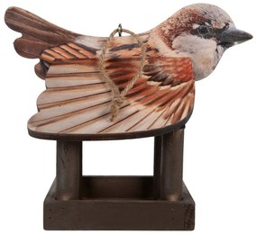 Hnědé dřevěné závěsné krmítko pro ptáčky s dekorem vrabčáka - 17*25*21 cm