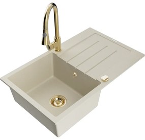 Mexen Bruno, 1-komorový granitový dřez 795x495x200 mm a dřezová baterie Elia, béžová, 6513-69-670101-50