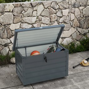 Zahradní box Outsunny, úložný box na kolečkách, úložný box se zámkem, rukojeť, zahradní truhla na balkon, terasu 100 x 62 x 65 cm, tmavě šedý