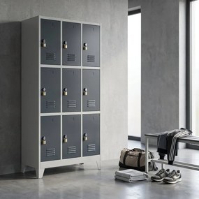 Kovová šatní skříňka - 9 boxů, 90 x 45 x 196,5 cm, nastavitelné nožky, otočný zámek, antracitová - ral 7016