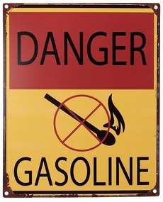 Žlutočervená antik nástěnná kovová cedule Danger Gasoline - 20*1*25 cm