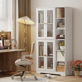 HOMCOM vysoký kuchyňský bufet, vitrínová skříňka se 4 dveřmi ze tvrzeného skla Soft-Close, 90x35x172 cm, bílá