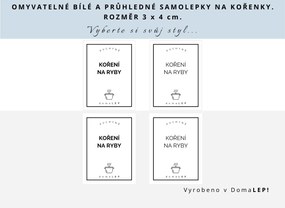 KOŘENÍ NA RYBY - Samolepka na kořenky 3 x 4 cm - DomaLEP varianta: BÍLÁ - tučné písmo