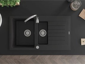 Mexen Matias granitový dřez 1,5-komorový s odkapávačem 900 x 505 mm, černý, sifon chrom - 6502901505-77