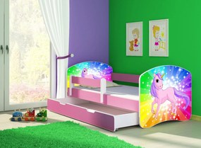 Dětská postel - Poník jednorožec duha 2 160x80 cm + šuplík růžová