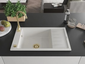 Mexen Elias, granitový dřez granitový 795x480x200 mm, 1-komorový, bílá se zlatým sifonem, 6511791005-20-G