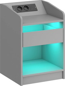 HOMCOM Noční stolek s nabíjecí stanicí LED-RGB světlo, zásuvka, otevřená přihrádka, USB porty a dálkové ovládání 40x40x58 cm Šedá