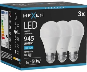 Mexen Nova 3x LED žárovka E27, A60, 9W, Studená - 6500K, 945 lm - L100-E27-0965-01x03