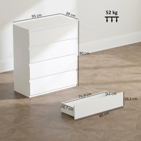 HOMCOM Komoda 4 zásuvky, jednoduchý úložný nábytek do ložnice, vnitřní použití, 80 x 39 x 95 cm, dřevotříska bílá