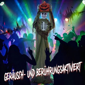 HOMCOM Animovaný vyskočivý dýňový kostlivec, 173 cm, strašidelná halloween dekorace se světlem a aktivací zvukem a dotekem