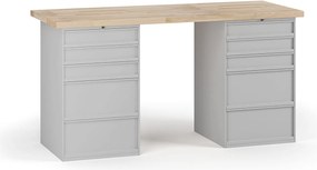Dílenský pracovní stůl G7, buková spárovka, 1700 x 685 x 840 mm, 2x kontejner, 10 zásuvek, šedá