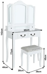 Kondela Toaletní stolek s taburetem, bílá/stříbrná, REGINA NEW