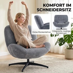 HOMCOM Otočné křeslo do obývacího pokoje, lounge křeslo se širokým sedadlem, integrovanou opěrkou rukou, vzhled chenillu, tmavě šedá