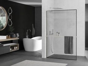 Mexen Kioto+ L, sprchová zástěna Walk-In s poličkou a věšákem 60 x 200 cm, 8mm čiré sklo černý vzor, ​​broušená ocel profil, 800-060-123-97-70