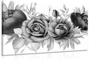 Obraz okouzlující kombinace květů a listů v černobílém provedení - 60x40 cm