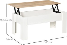 HomCom Zvedací Konferenční Stolek s Skrytým Úložným Prostorem 100x50x45-58.5 cm Bílý a Přírodní