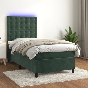 Box spring postel s matrací a LED tmavě zelená 100x200 cm samet 3136350