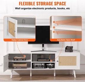 Ratanový TV stojan pro 165,1 cm TV Boho TV stojan s vestavěnou zásuvkou bílá