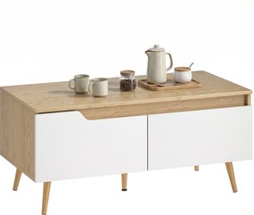 HOMCOM obdélníkový konferenční stolek, moderní obývací stůl se 2 zásuvkami, 5 nohami z borového dřeva, 100x50x46 cm, dub a bílá