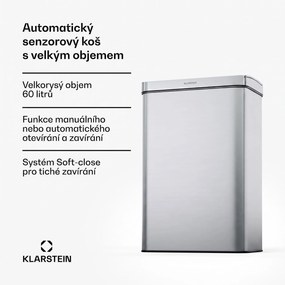 Klarstein Touchless, senzorový odpadkový koš, 60 l, z nerezavějící oceli, Soft-Close zavírání, napájen baterií, LED displej, časovač