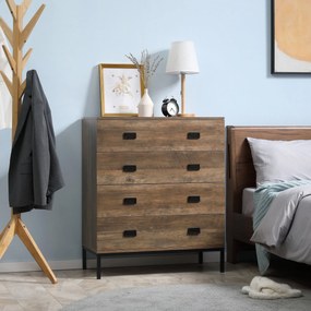 HOMCOM Komoda se 4 zásuvkami, industriální design, úložný nábytek s černými kovovými nohami 80 x 39 x 95 cm Hnědá | Aosom