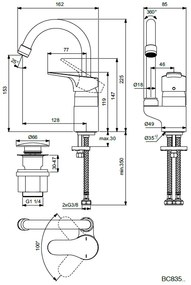 Ideal Standard Cerabase - Umyvadlová baterie s vysokým výtokem a s Click odtokovou garniturou, chrom BC835AA