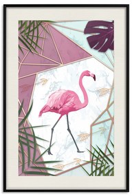 Plakát Procházka plameňáků - geometrická abstrakce s růžovým ptákem a listy
