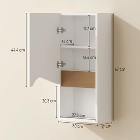 HOMCOM nástěnná koupelnová skříňka — měkce dovírající dveře, nastavitelné police a otevřená přihrádka, 30 x 17 x 67 cm — bílá