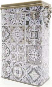 Plechová dóza Casa Decor, 500 g – lesklý povrch, se šedým vzorem Azulejo, s patentním uzávěrem, na kávu, bylinky a drobnosti