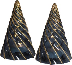 LED svítící stromeček na baterky skleněný, 6 × 11 cm, sada 2 kusy, 2× 5 led, černý, 2× CR2450