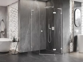 Mexen Lunar, L pravý výklopný pětiúhelníkový sprchový kout 90 x 100 cm, 8mm čiré sklo, bílý profil, 831L-090P-100L-20-00-P