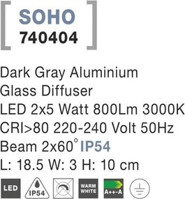 NV 740404 Venkovní nástěnné svítidlo SOHO tmavě šedý hliník skleněný difuzor LED 2x5W 3000K 220-240V 2x60st. IP54 světlo nahoru a dolů - NOVA LUCE