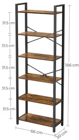 VASAGLE Regál policová, knihovna 6 polic, vintage, černá, hnědá, industriální 66x30x186 cm