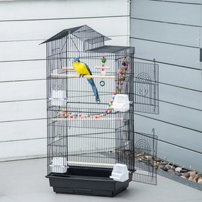 Ptačí klec PawHut s více dveřmi, 4 krmítky, 3 bidly, houpacím zařízením a odnímatelným tácem pro papoušky, kanárky a andulky 46x36x100 cm Černá
