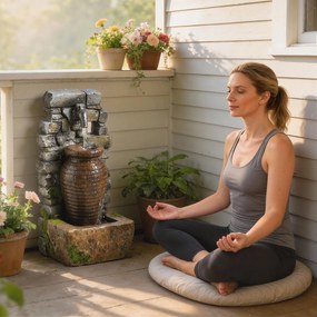 Zahradní fontána s nastavitelným průtokem vody a třístupňovou rustikální kamennou stěnou v designu džbánu