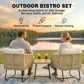 Outsunny 3dílná ratanová bistro sada – akáciový lamelový stolek a 2 polstrovaná křesla, krémová