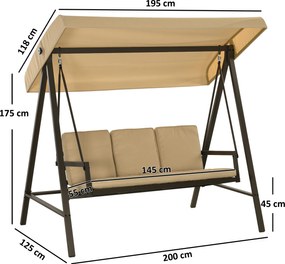 3-Sitzer Hollywoodschaukel, Gartenschaukel, verstellbares Sonnendach, 200 cm x 125 cm x 175 cm, Beige + Braun