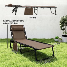 Polohovatelné křeslo, skládací lehátko s polštářkem pod krk, ocelový rám, potah ze síťoviny, nosnost 120 kg, hnědá barva